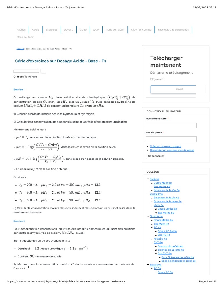 Exercices Dosage Acide-Base Terminale | PDF | Ph | Concentration molaire