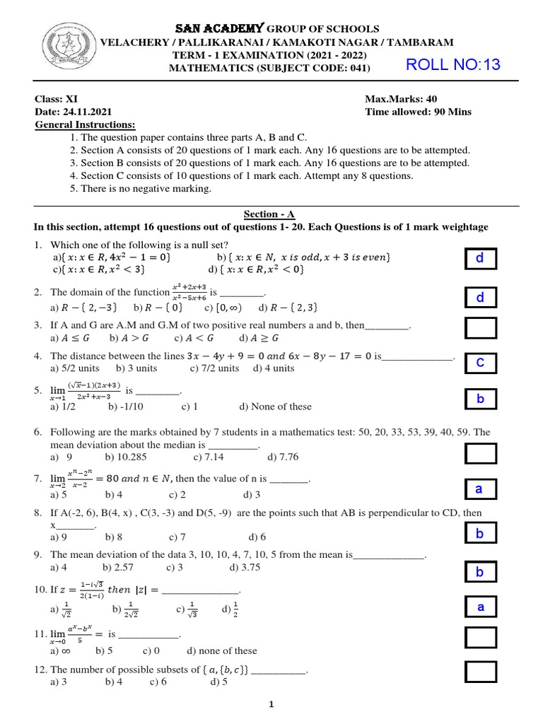 Roll No 13 Math Term 1 Paper | PDF | Elementary Mathematics | Mathematics