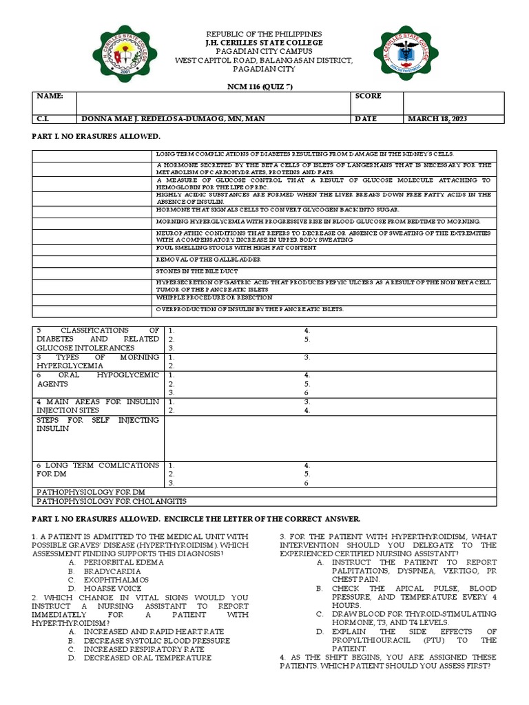 Quiz 7. NCM 116 For Students | PDF | Diabetes | Insulin