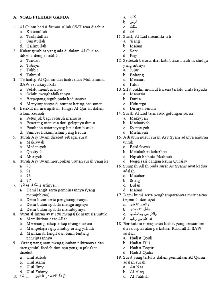 Soal Pilihan Ganda & Esay Qurdist Vii | PDF