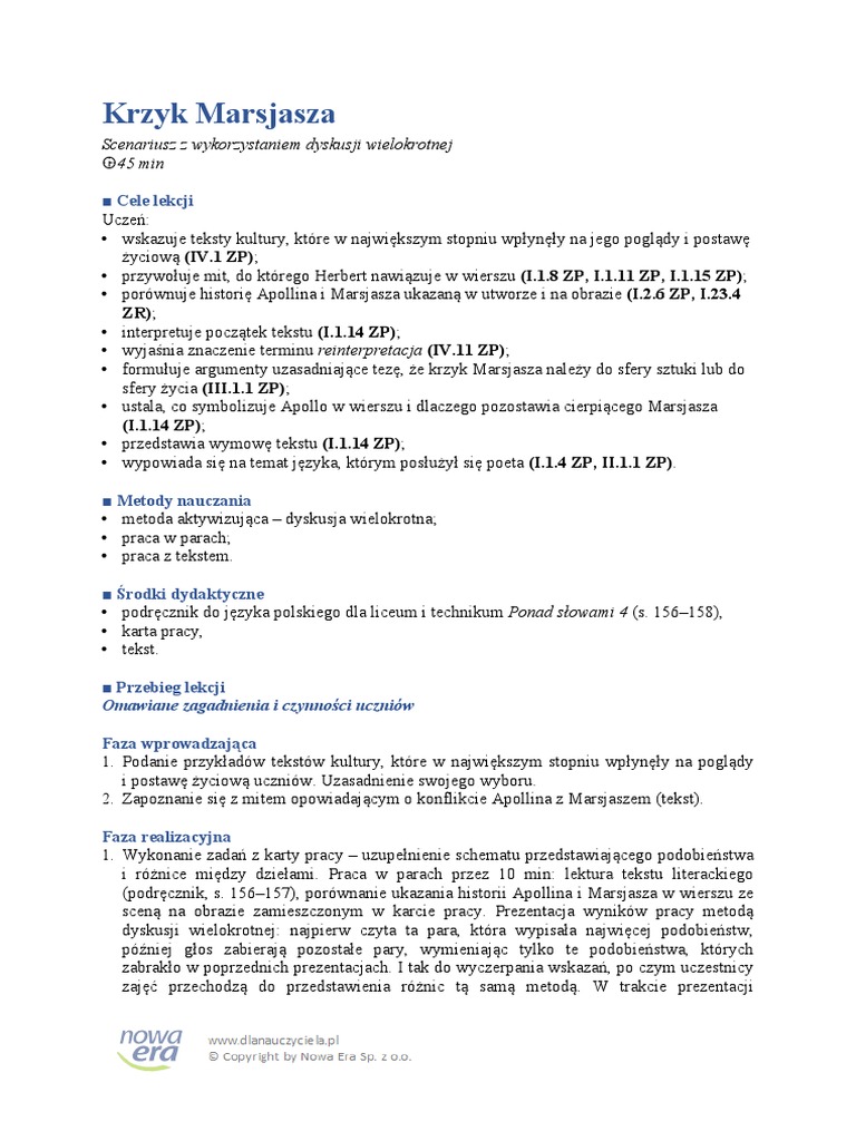 Scenariusz Lekcji Krzyk Marsjasza | PDF