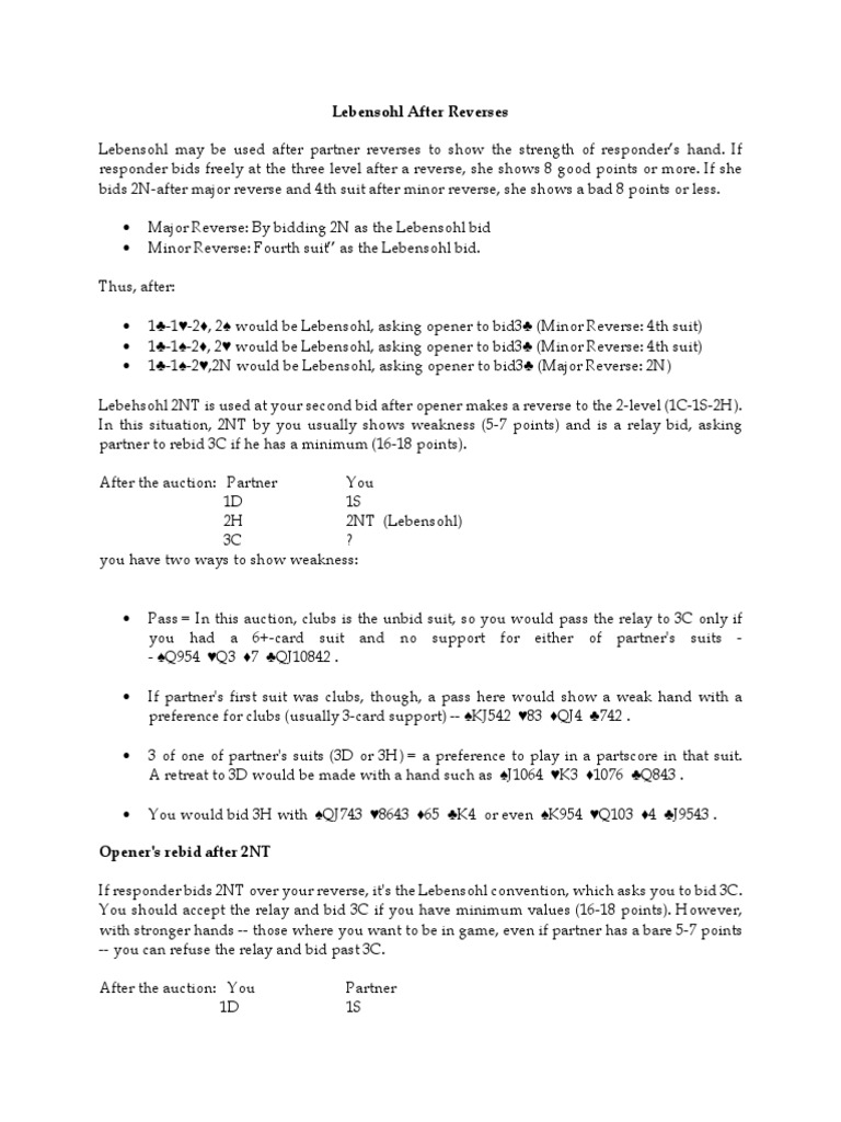 Lebensohl After Reverses | PDF | Card Games | Contract Bridge