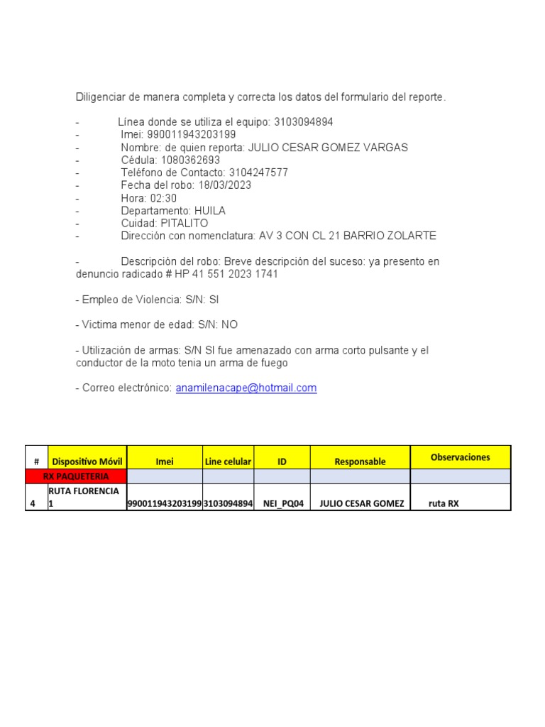 Diligenciar de Manera Completa y Correcta Los Datos Del Formulario Del Reporte | PDF