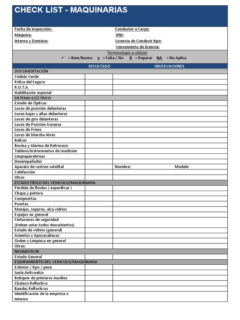 Check List Maquinarias | PDF