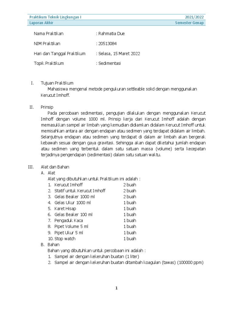 Laporan Akhir PTL 1 - Sedimentasi - A | PDF