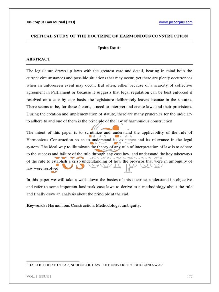 Critical Study of The Doctrine of Harmonious Construction: Jus Corpus ...