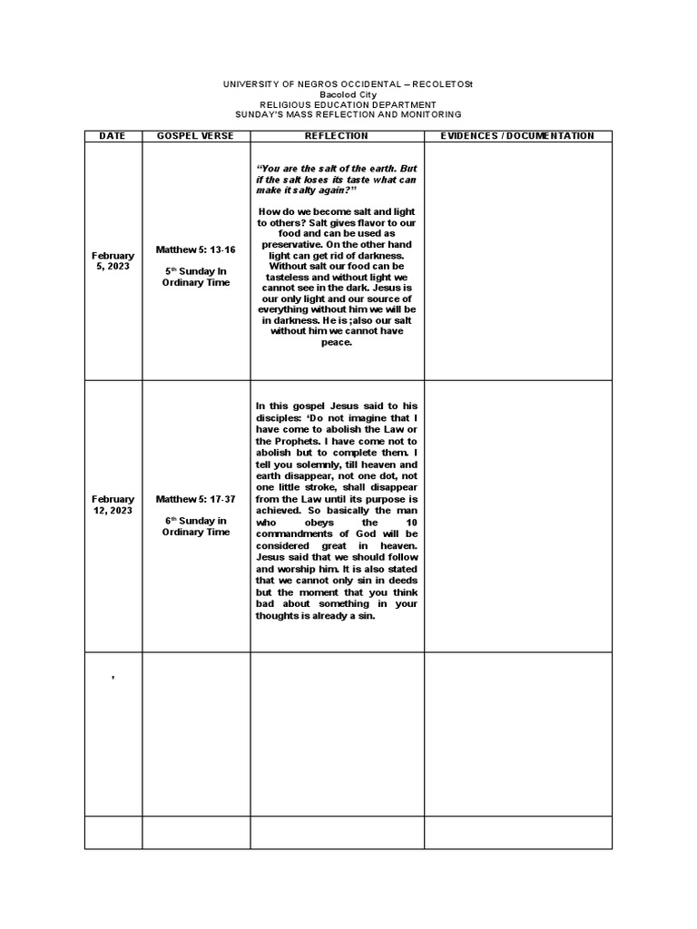 Sunday Gospel Monitoring Form | PDF | Catholic Church | Christian Church