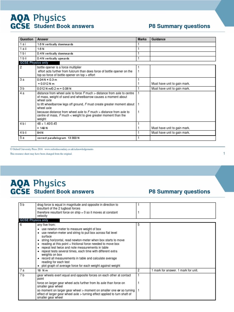 AQA Physics P8 Summary Answers | PDF | Force | Weight