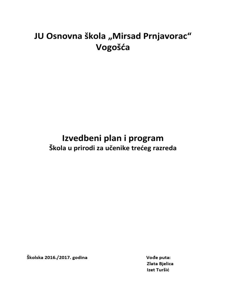 Izvedbeni Plan Škola U Prirodi Treći Razred | PDF