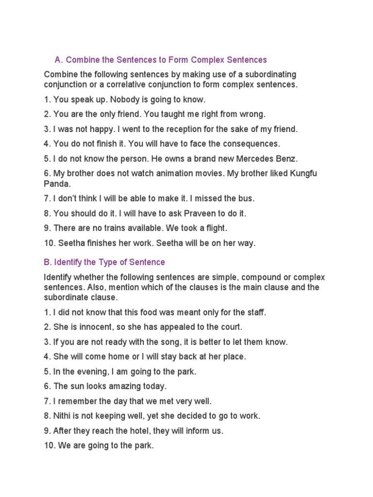 Combine The Sentences To Form Complex Sentences | PDF