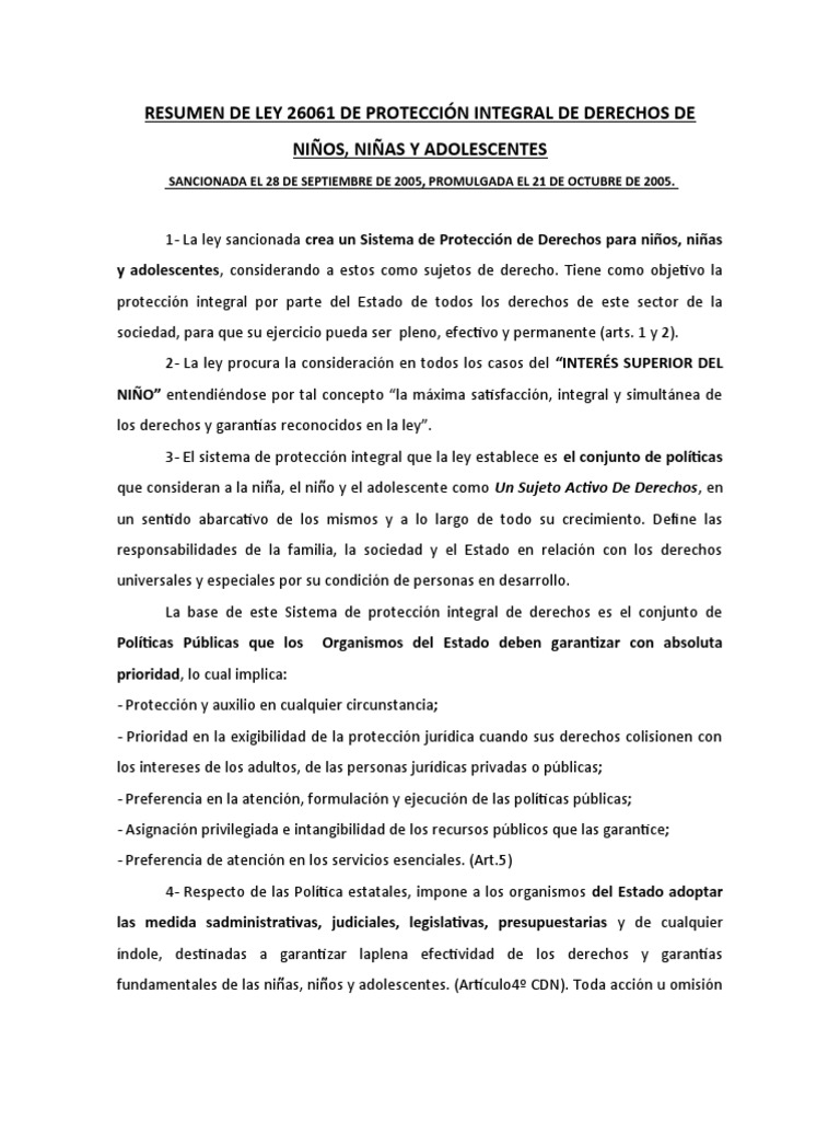LEY 26.061 de Protección Integral de Derechos de Niños | PDF | Estado ...