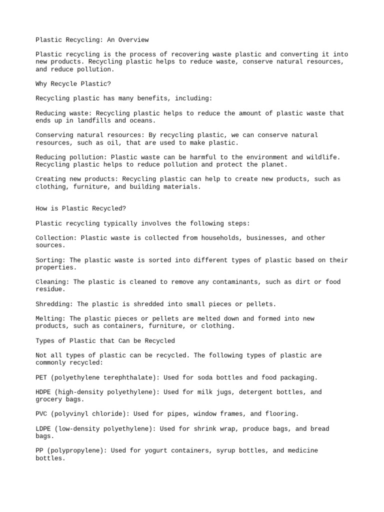 Plastic Recycling Benefits and Process | PDF | Recycling | Plastic