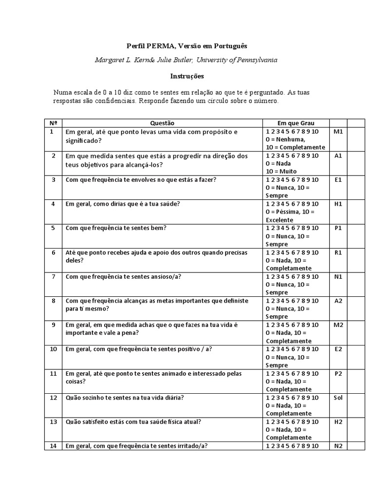 PERMA Profiler Versão em Português - Portugal | PDF | Sentimento | Vida