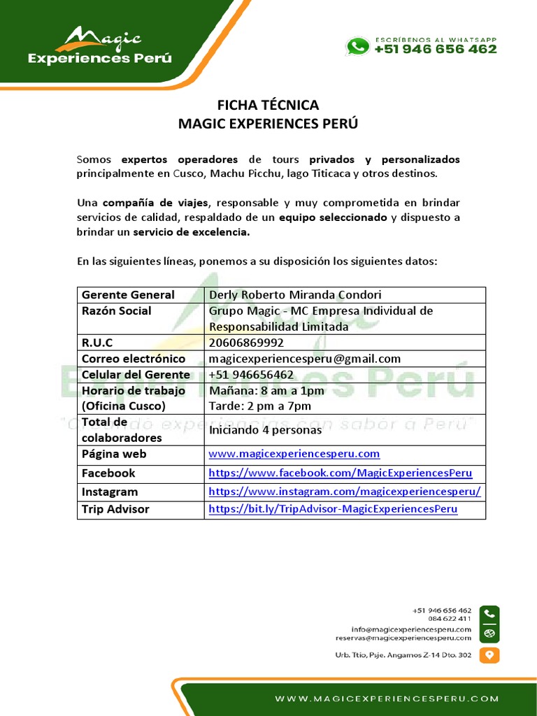 FICHA TÉCNICA MAGIC EXPERIENCES PERÚ (1) | PDF
