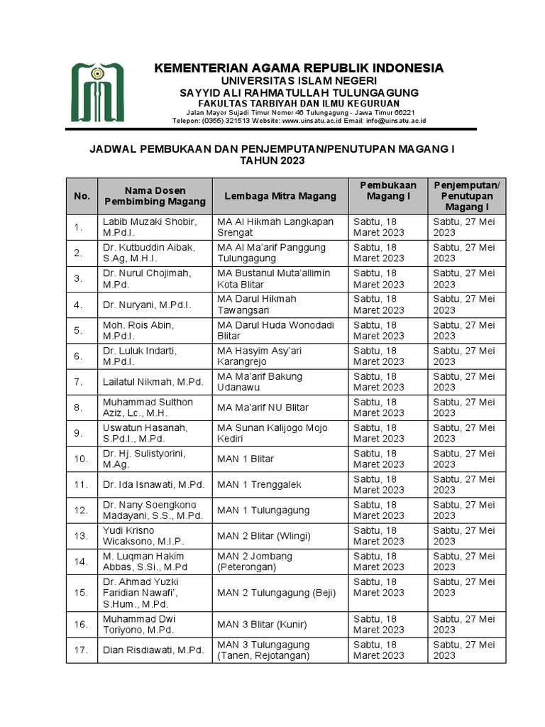 Jadwal Pembukaan Dan Penjemputan Magang I Oleh DPM - 2023 | PDF