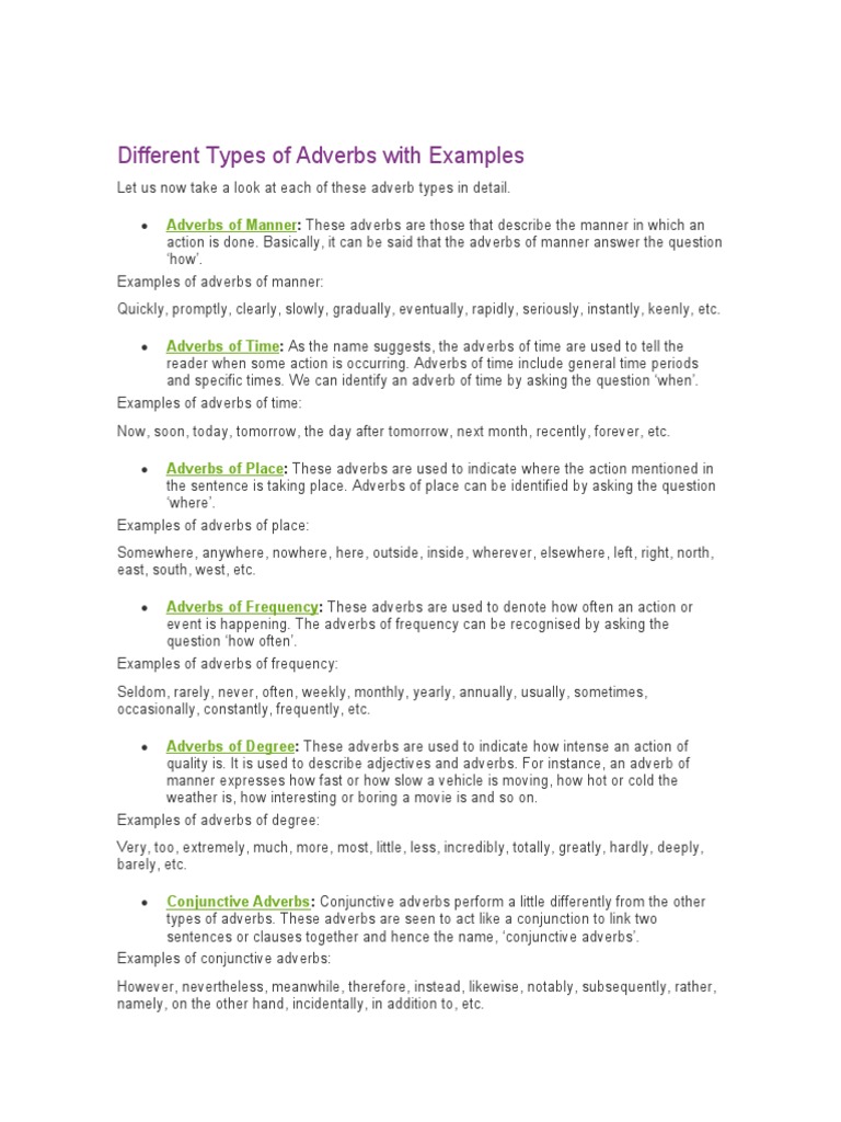 Different Types of Adverbs With Examples | PDF