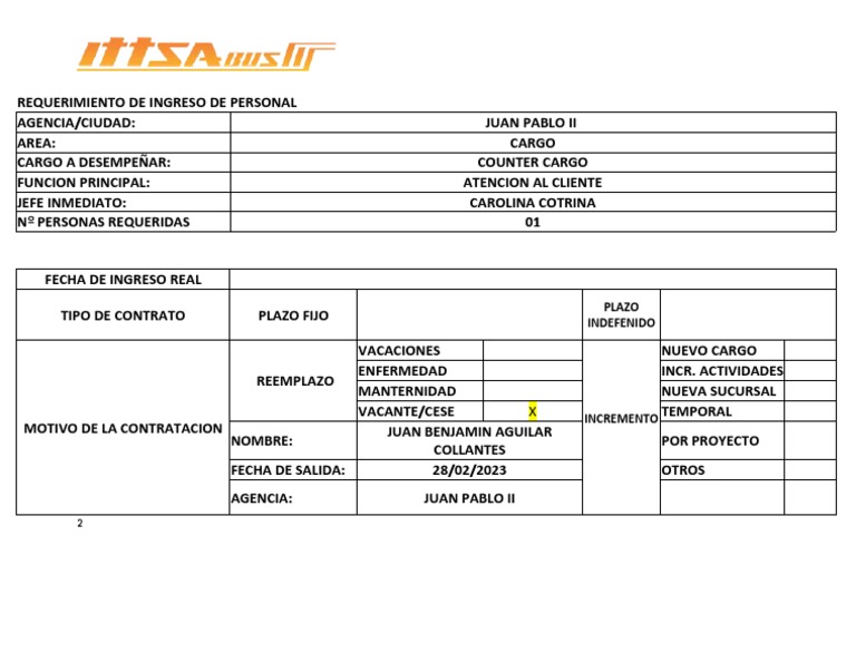 Requerimiento de Ingreso de Personal Counter Cargo Marzo 2023 | PDF