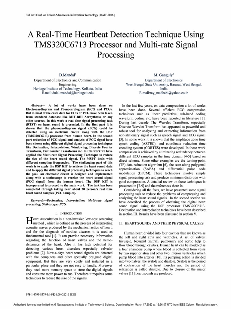 A Real-Time Heartbeat Detection Technique Using TMS320C6713 Processor and Multi-Rate Signal ...