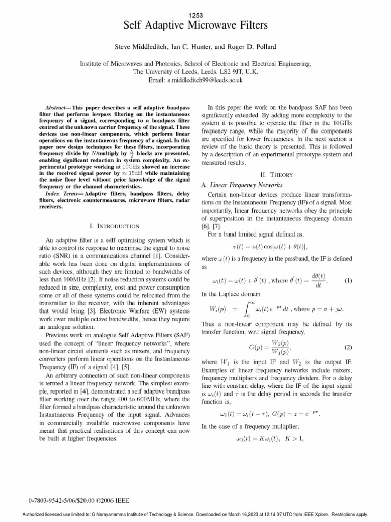 Self Adaptive Microwave Filters | PDF | Filter (Signal Processing ...