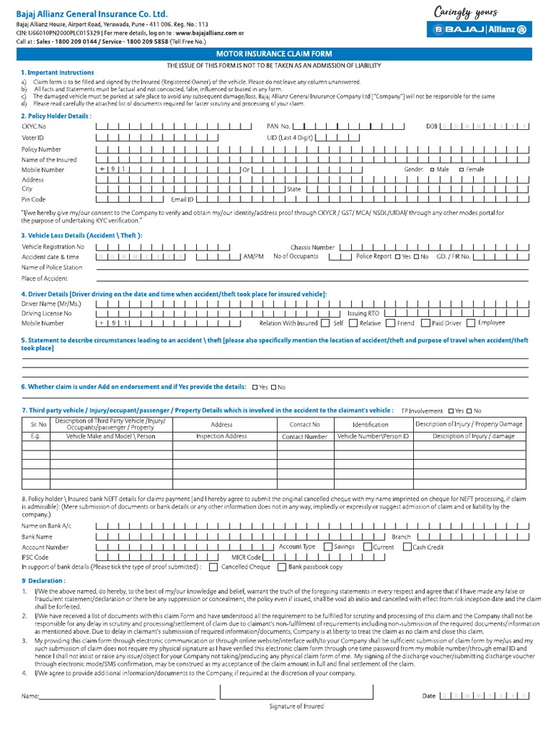 Motor - Claim - Form Bajaj Allianz | PDF