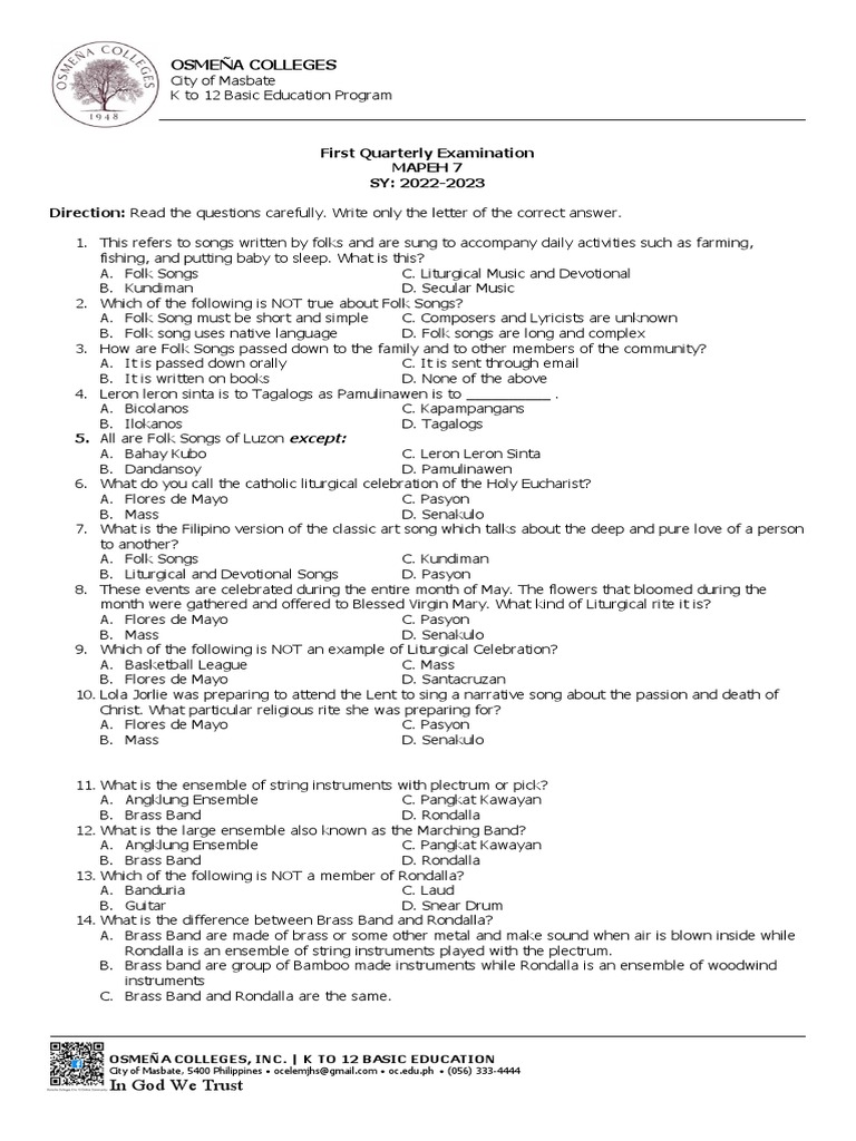 Periodic Exam | PDF | Musical Instruments | Songs