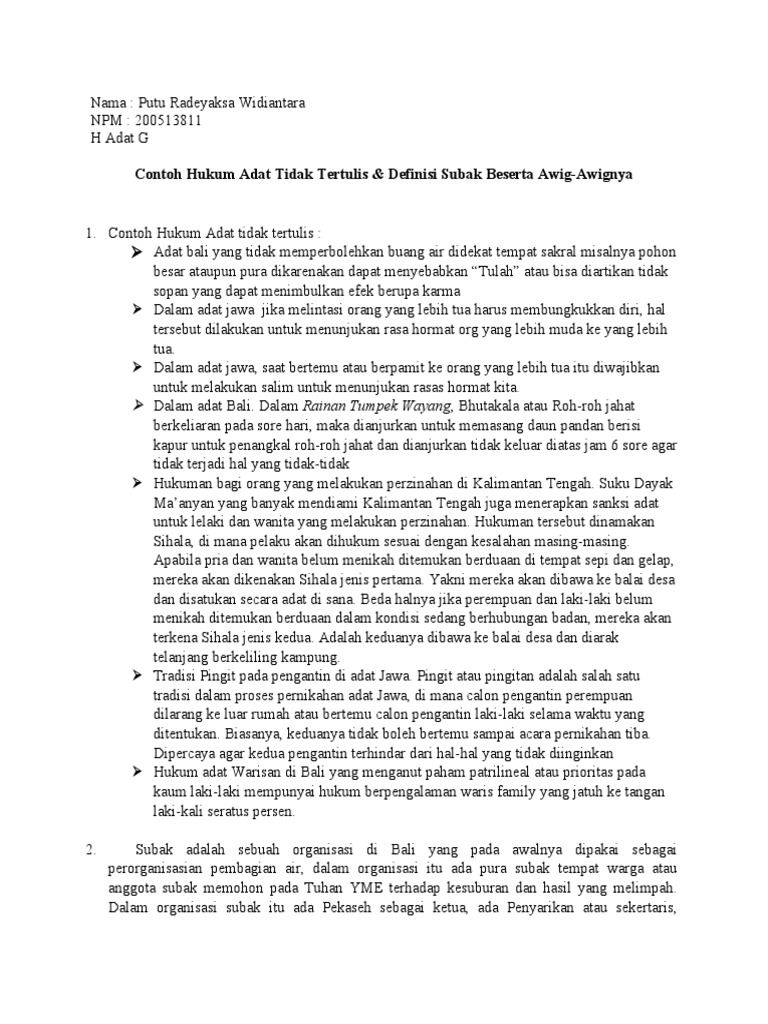Contoh Hukum Adat Tidak Tertulis Dan Penegertian Subak Beserta Awig-Awignya | PDF