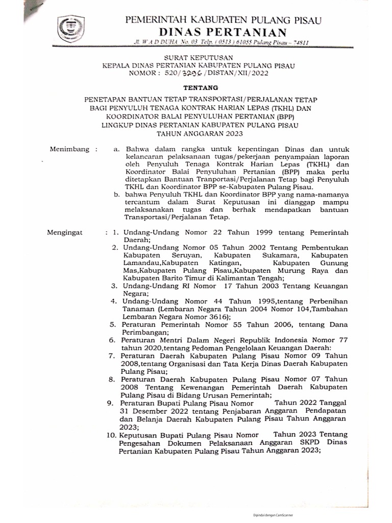 SK Bantuan Transport Bagi Penyuluh TKHL Dan Koordinator BPP PDF | PDF