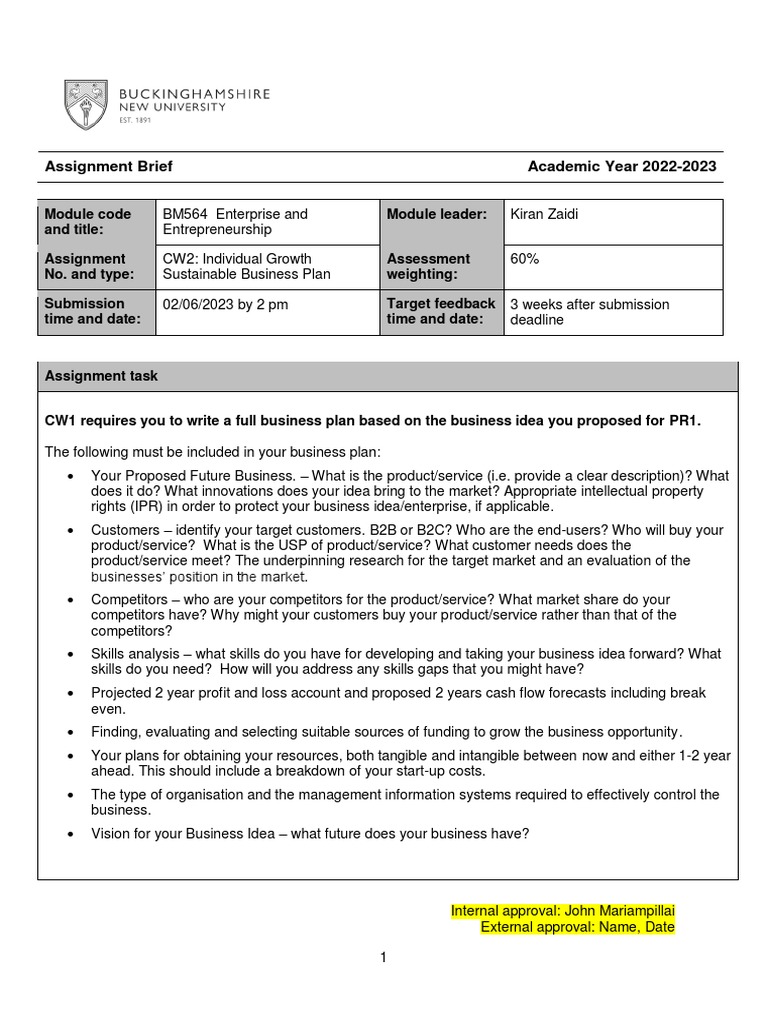 BM564 Assignment Brief CW1 02.06 | PDF | Analysis | Idea