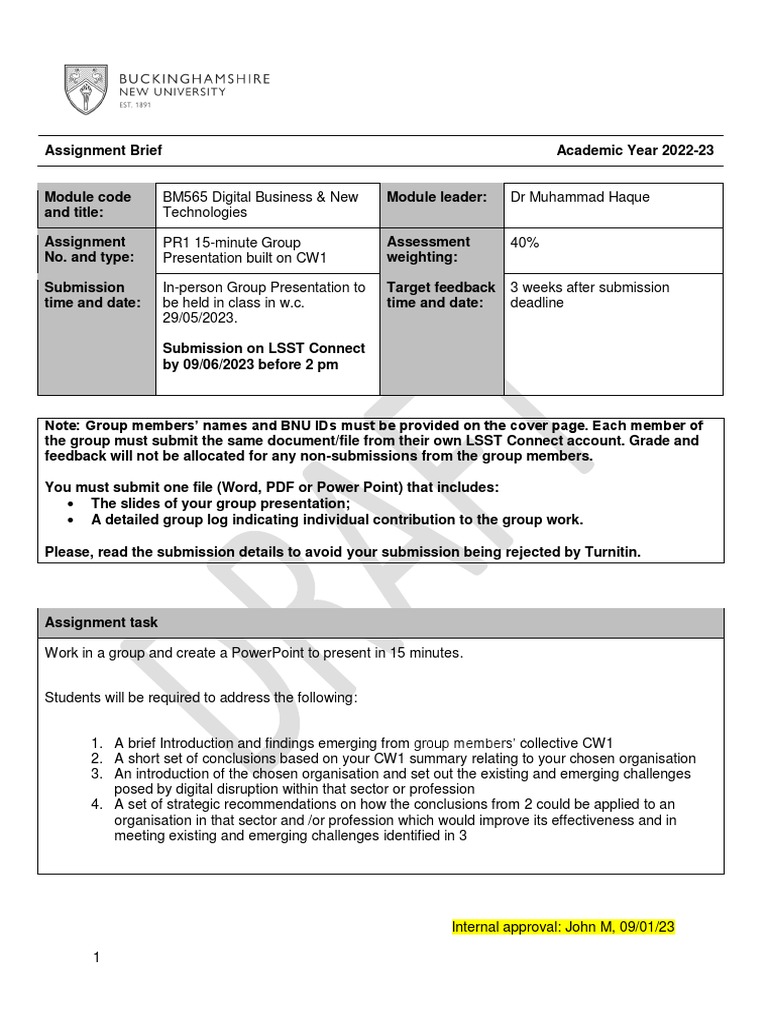 BM565 PR1 Assignment Brief 09.06 | PDF | Communication | Turnitin