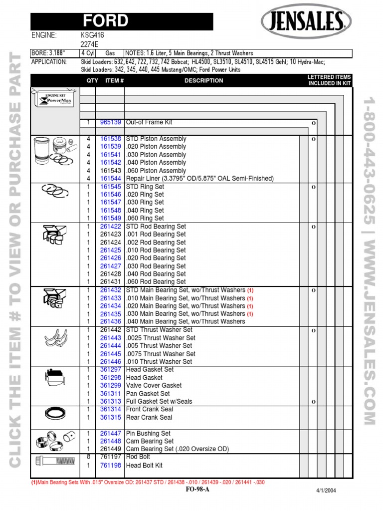 Ford KSG416 2274E Engine Parts List | PDF