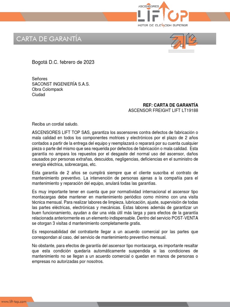 Carta de Garantia Proyecto No. 19188 - FREIGHT - COLOMPACK | PDF | Ascensor