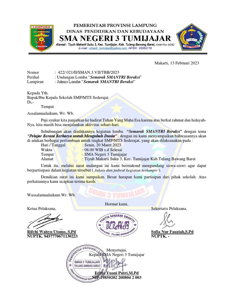 Undangan Lomba SEMARAK SMANTRI Untuk SMP - SMAN 3 TUMIJAJAR | PDF