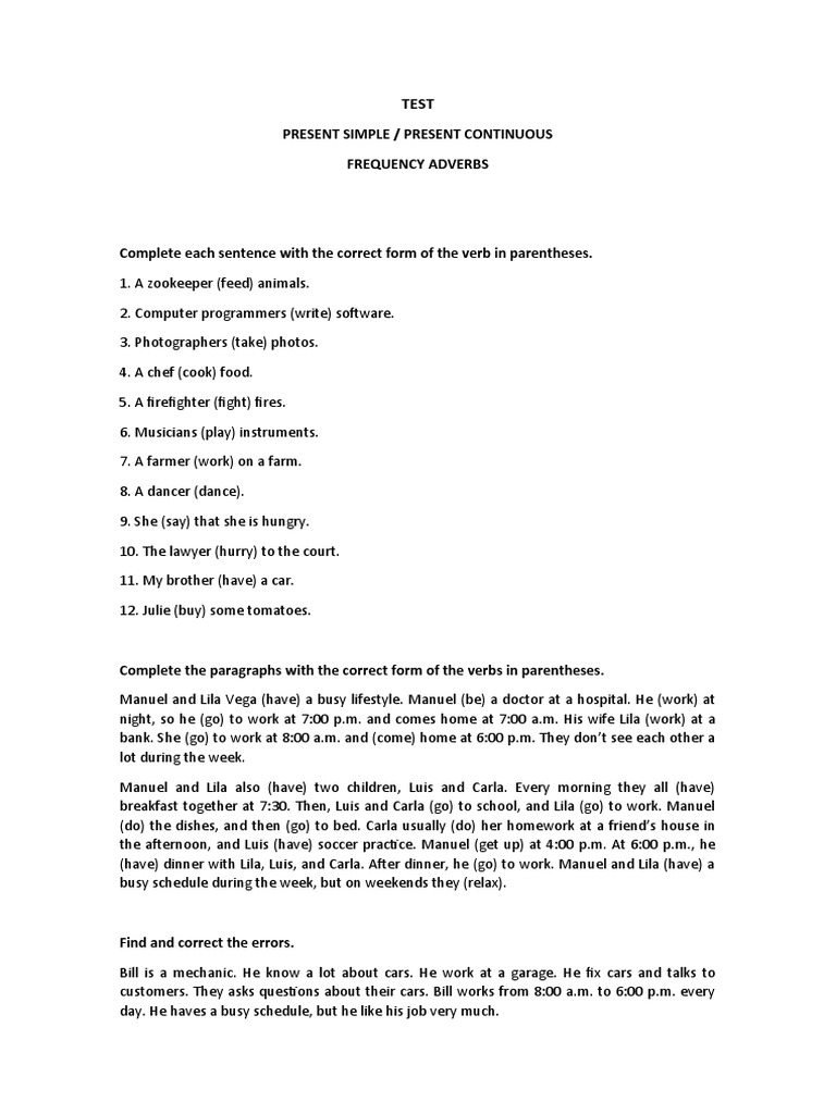 TEST - Present Simple - Present Continuous - Frequency Adverbs | PDF