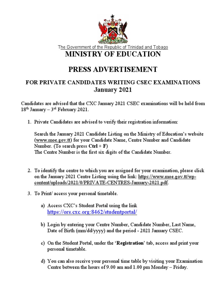 Advertisement For Candidates - January 2021 CSEC Exams - Final 1 | PDF