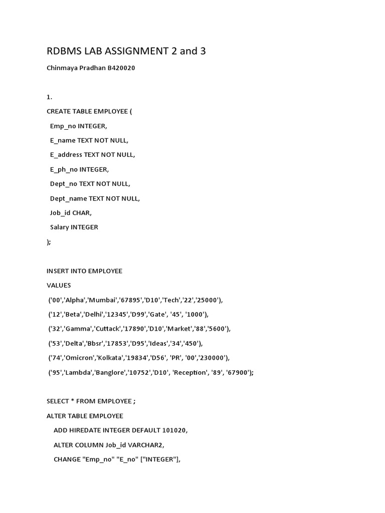 Rdbms Lab Assignment 2 And 3 B420020 Pdf Computer Programming 9326
