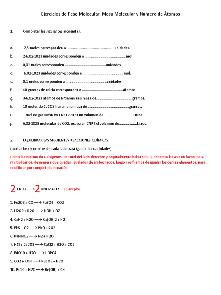 Ejercicios de Química: Moles y Masa Molecular | PDF | Mole (Unidad ...