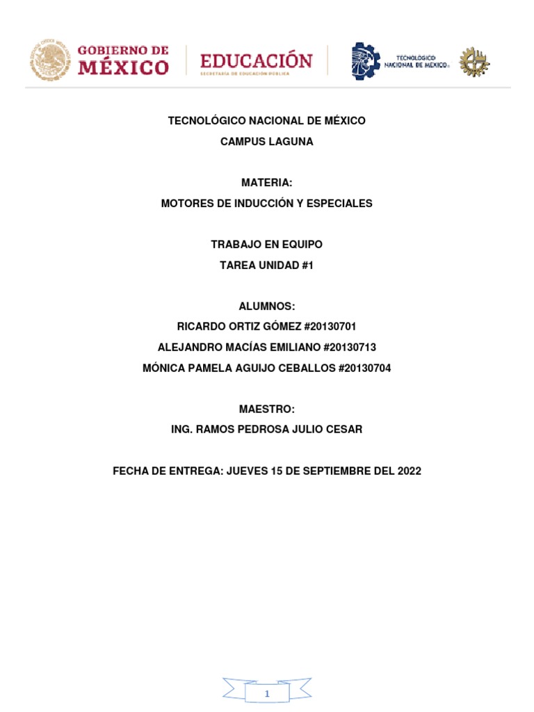Tarea en Equipo U1 Motores, Ind y Esp | PDF | Motor eléctrico | Corriente eléctrica