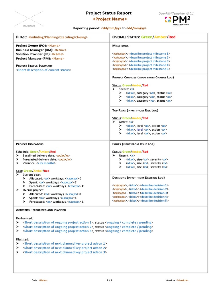 (OPM2-19 E TPL v3 0 1) Project - Status - Report (ProjectName) (Dd-Mm ...