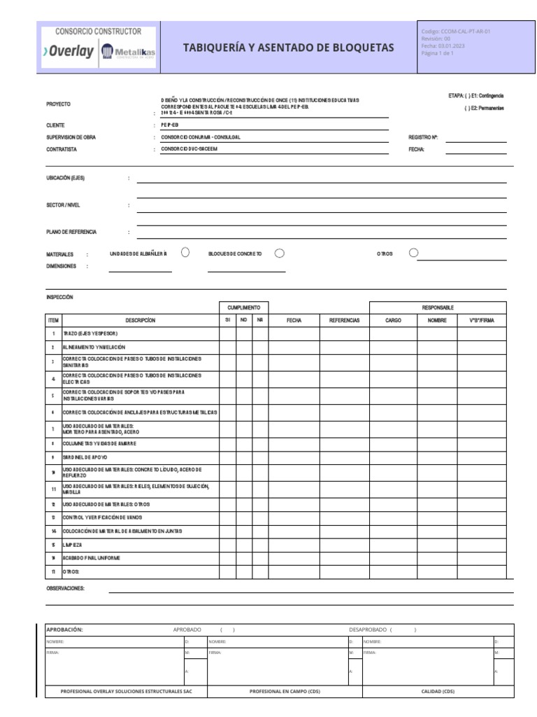 CCOM-CAL-PT-AR-01 Protocolo de Tabiqueria y Asentado de Bloquetas. Rev.00 | PDF