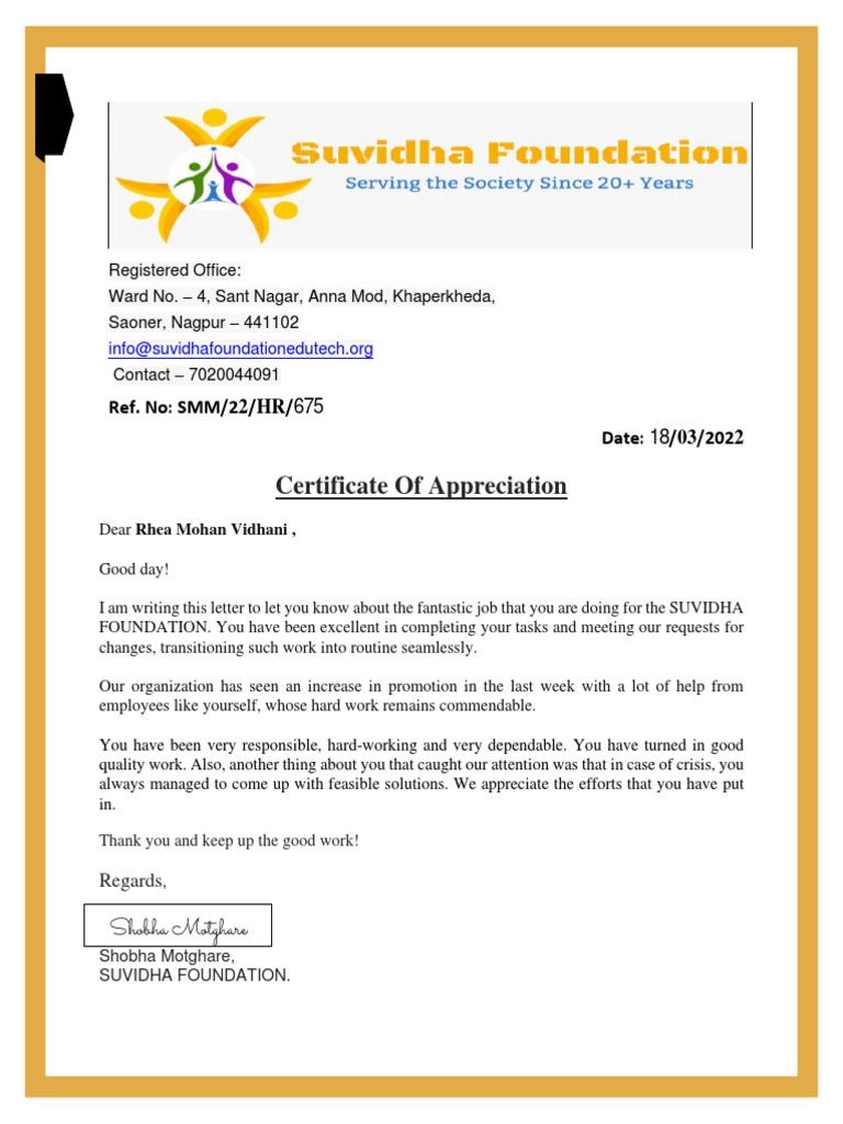Appreciation Certificate | PDF
