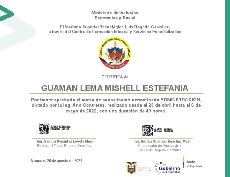 Certificación de Mishell en Administración | PDF
