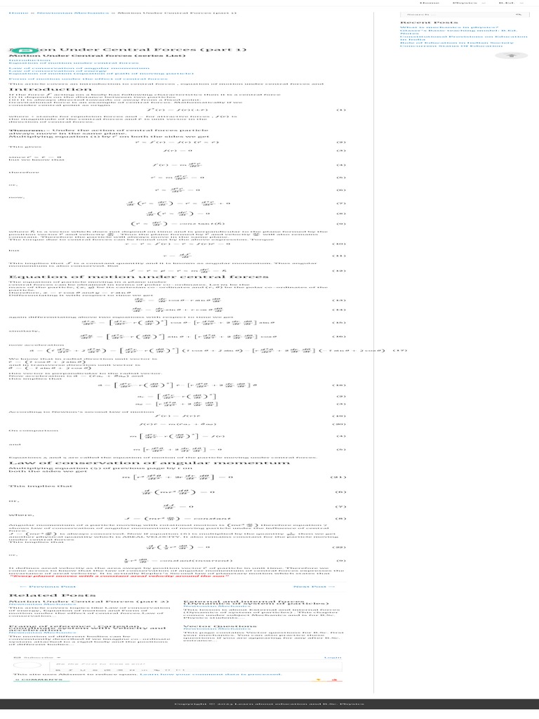 Motion Under Central Forces | PDF | Force | Velocity