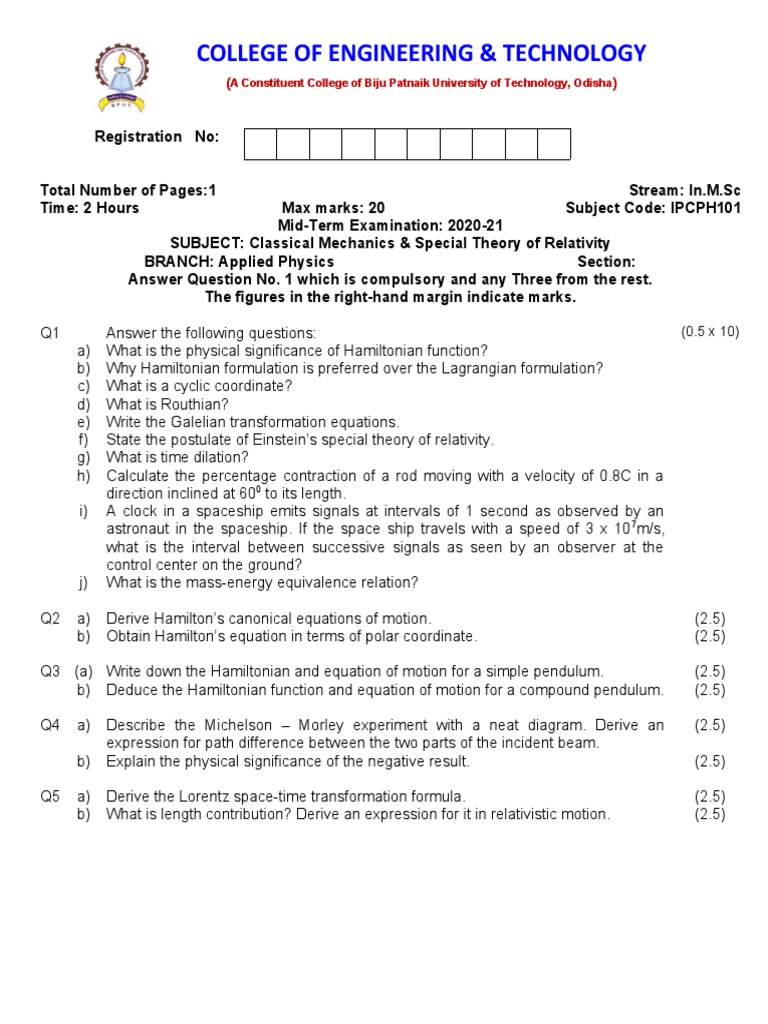 Classical Mechanics & Special Theory of Relativity - Phys | PDF ...
