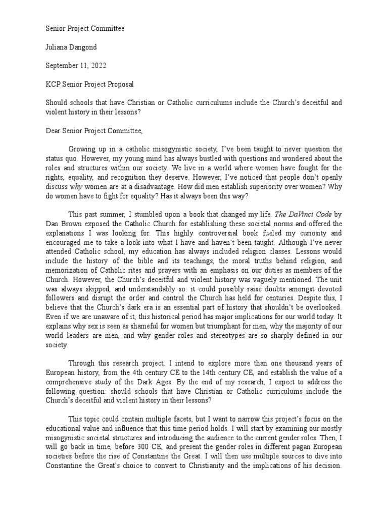 Senior Project - Proposal Letter | PDF | Gender Role | Theology