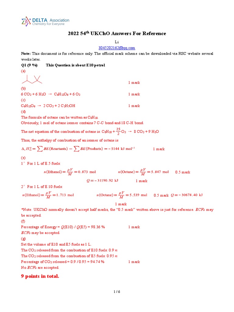 UKChO 2022 Marking Scheme Insights | PDF | Combustion | Chemistry