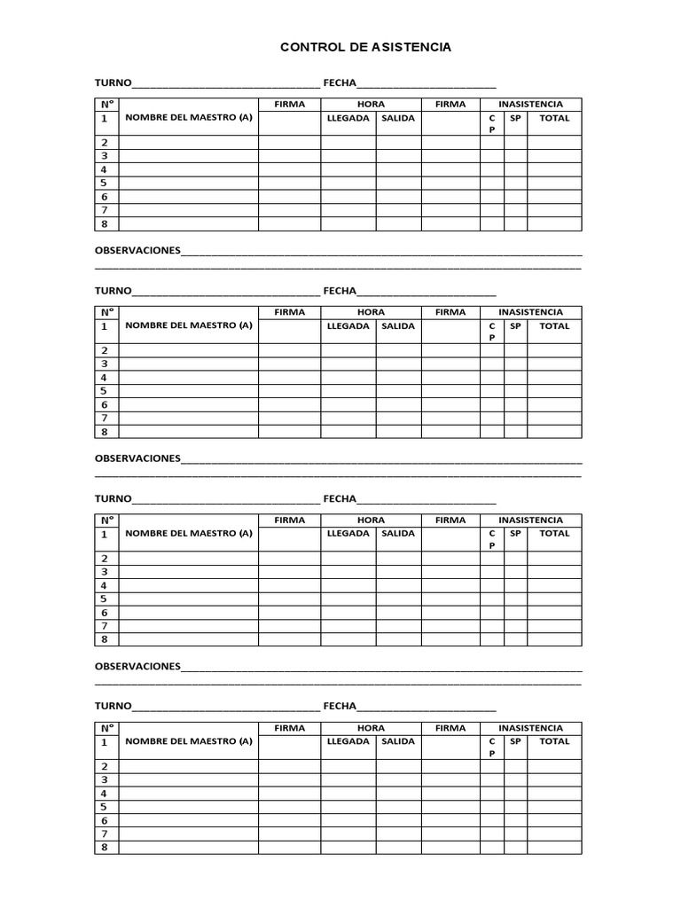 Formato de Control de Asistencia | PDF