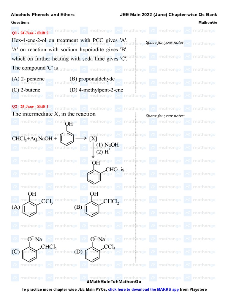Alcohols Phenols and Ethers - JEE Main 2022 Chapter Wise Questions by ...