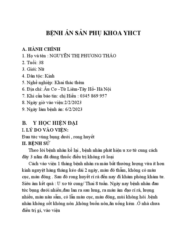 BỆNH ÁN SẢN PHỤ KHOA YHCT | PDF