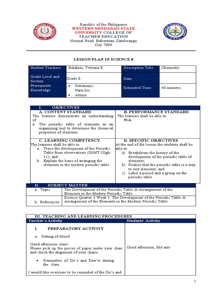 Periodic Table Lesson Plan for Grade 8 | PDF | Chemical Elements ...
