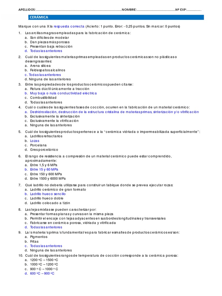 Test de Cerámica: Propiedades y Fabricación | PDF | Cerámica | Ladrillo